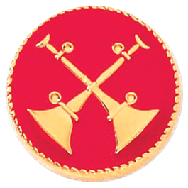 Blackinton J198 Two Crossed Bugles on Red Background